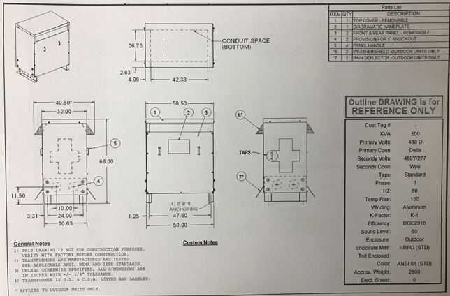 DRY TYPE ISOLATION TRANSFORMER, 500 KVA, PRIMARY 480 VAC DELTA ...