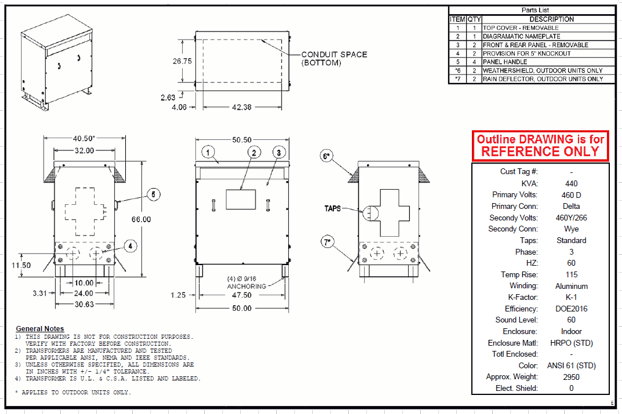 DRY TYPE TRANSFORMER 440 KVA, PRIMARY 460 VAC DELTA, SECONDARY 460 VAC ...