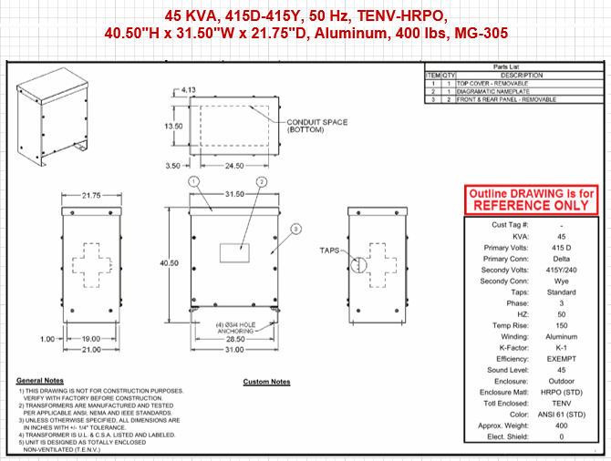 DRY TYPE ISOLATION TRANSFORMER 45 KVA, PRIMARY 415 VAC DELTA, SECONDARY ...