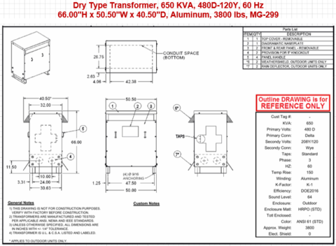 DRY TYPE TRANSFORMER 650 KVA, PRIMARY 480 VAC DELTA, SECONDARY 208 VAC ...
